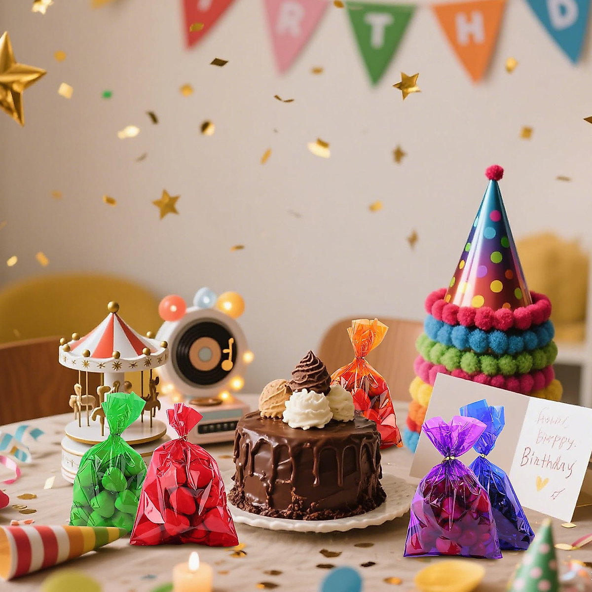 Colored Cellophane Treat Bags, 6x9 Inch 100 pcs Colorful Cellophane Bags with 100Pcs Twist Ties 2.5Mil Cello Bags for Party Favors