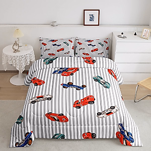 Feelyou Race car Comforter Set Speed Sports Car Bedding Set Racing Car Comforter White Grey Quilted Duvet Set for Kids Boys Girls Microfiber Twin