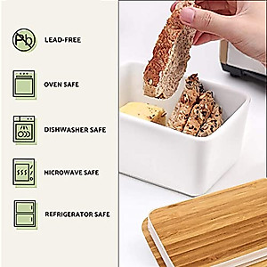 Butter Dish with Lids - OAMCEG Porcelain Ceramic Butter Container, Large Butter Keeper with Wooden Lid and Steel Knife, Airtight Butter Storage Container with Cover Holds Up to 2 Sticks of Butter