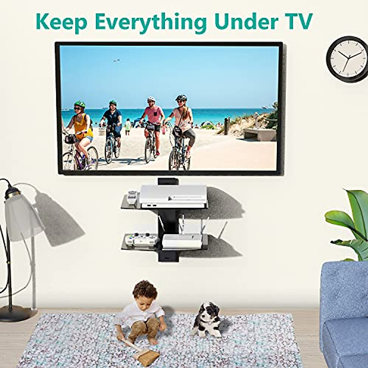 WALI Floating Entertainment Center Shelves, Holds Up to 17.6lbs, TV Shelf with Strengthened Tempered Glasses for DVD Players, Cable Boxes, Games Consoles, TV Accessories (CS202B), 2 Shelf, Black