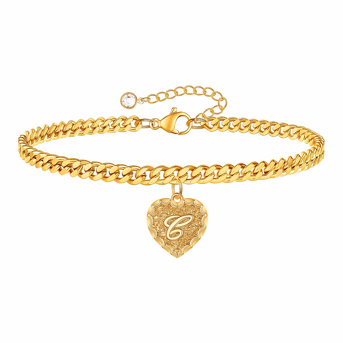 GLIJWELE Initial Gold Charm Bracelets for Women, 14k Gold Filled Cuban Gold Charm Bracelet for Women Heart Initial C Bracelet Gold Charm Bracelet Gold Jewelry Gifts for Women