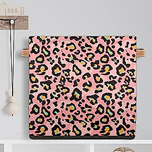 Pink Leopard Print Cube Storage Bins 13 x 13 x 13 inch, Fabric Organizer Bins Basket Boxes with PU Leather Handles Foldable Storage Cube for Clothes Bedroom Closet Shelves