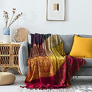 Y-PLWOMEN Bohemian Chenille Throw Blanket for Couch, Woven Jacquard Boho Blankets wiz Tassel, Hippie Tribal Blanket for Bed Sofa Recliner Loveseat Decor(Red Yellow, 60x75)