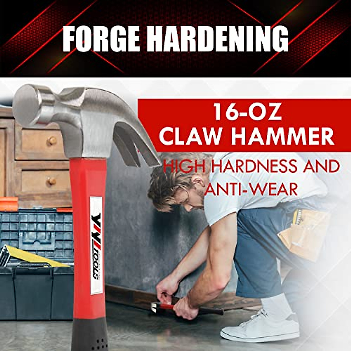 YIYITOOLS Claw Hammer With fiberglass Handle – 16-oz, Red and Black (YY-1-003)