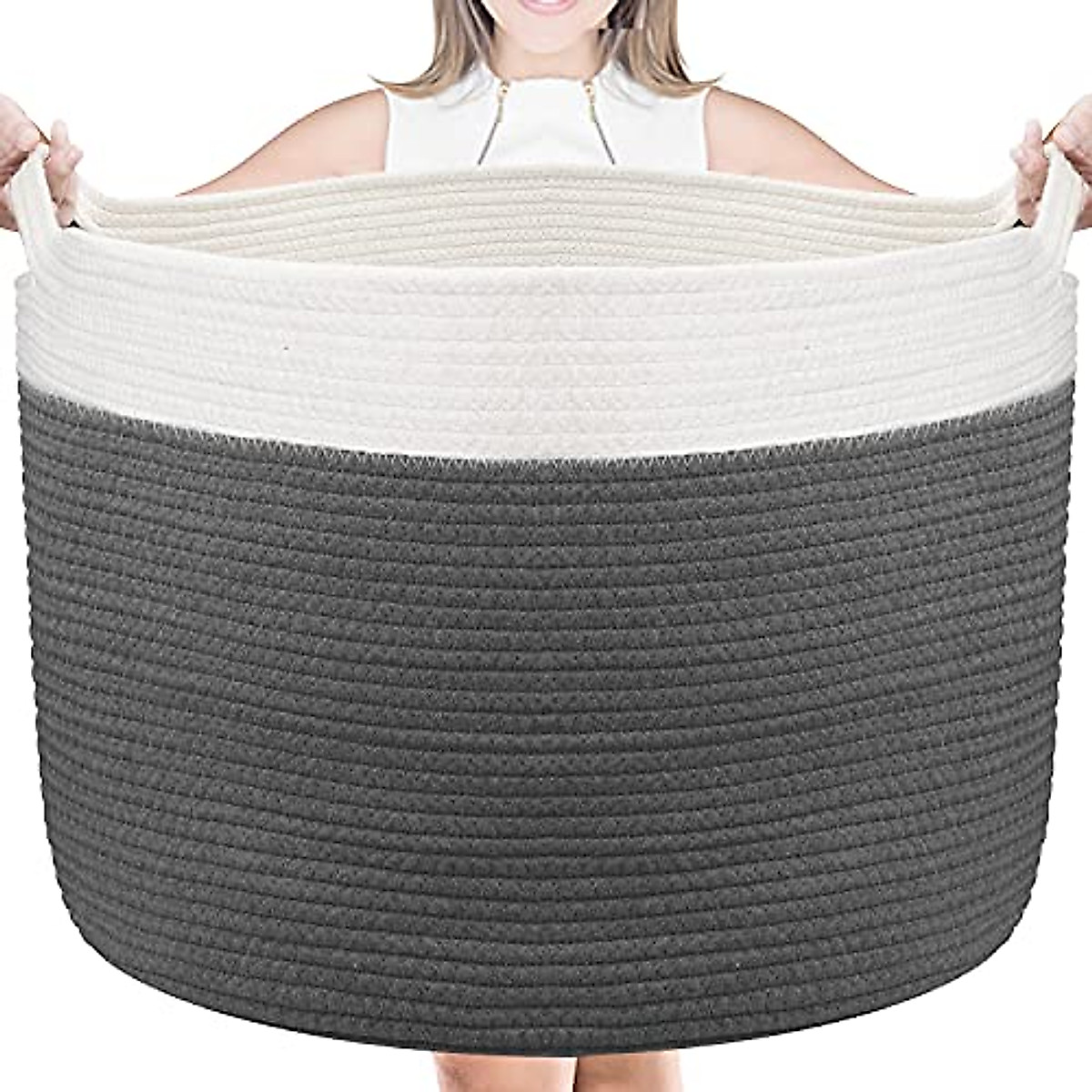 AivaToba Extra Large Cotton Rope Basket, Blanket Basket Living Room, Storage Basket for Organizing, 22” x 14” Toy Basket with Handles, Woven Basket for Towels, Pillows, Dirty Clothes Comforters