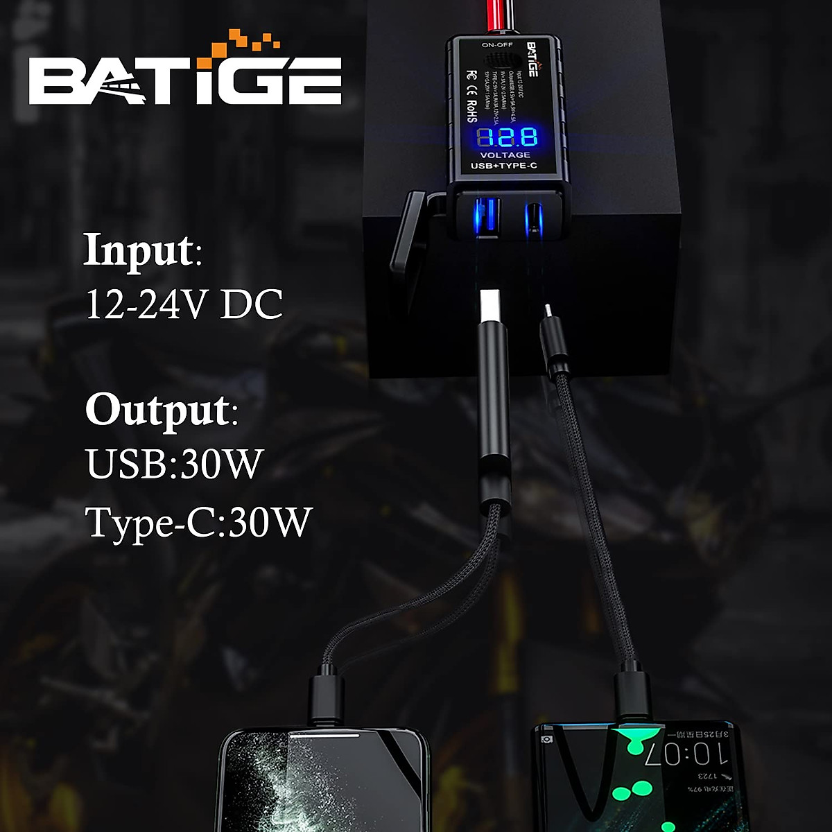 BATIGE Motorcycle USB Charger SAE to USB Adapter Type C and Quick Charge USB 3.0 with Voltmeter, ON/Off Switch and 3.6FT SAE Extension Cable Waterproof 3 Install Options for GPS Smartphone Camera