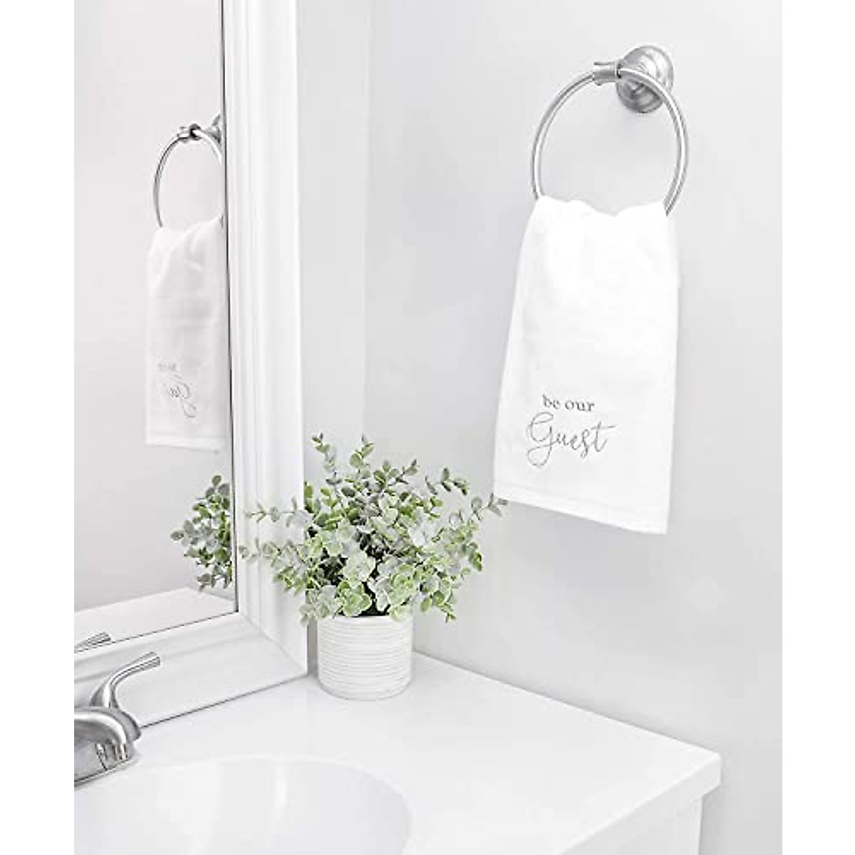 AuldHome Design Guest Towels (Set of 2, White w/Gray); Be Our Guest Monogrammed Hand Towels