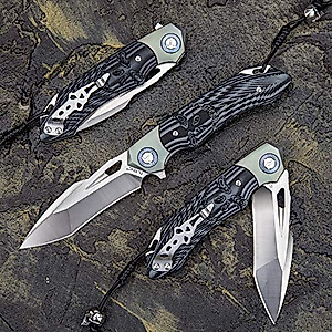 NEWOOTZ Skull Theme Folding Pocket Knife with Leather Sheath, Handmade Titanium Damascus Steel Decoration Handle,4in 58-60HRC Blade, EDC Cool Outdoor Tanto Point Knives for Men Women