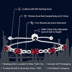 Gem Stone King 925 Sterling Silver Red Created Ruby and White Lab Grown Diamond Tennis Bracelet For Women (4.27 Cttw, Gemstone July Birthstone, Oval 7x5MM, Fully Adjustable Up to 9 Inch)