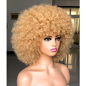 HIHOO Short Afro Wig with Bangs for Black Women Afro Kinky Curly Wig 70s Premium Synthetic Big Afro Wig(Blonde)