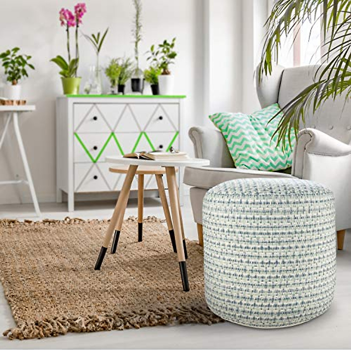 LR Home Interwoven Coastal Delight Indoor Outdoor Pouf, Blue/Green/White, 20" x 20" x 20"