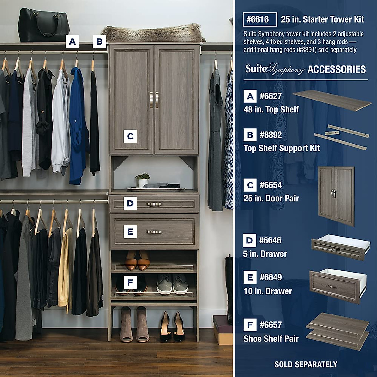 ClosetMaid SuiteSymphony Wood Closet Drawer, Add On Accessory, Shaker Style, for Storage, Closet, Clothes, 25” x 10” Size for 25 in. Units, Graphite Grey/Satin Nickel