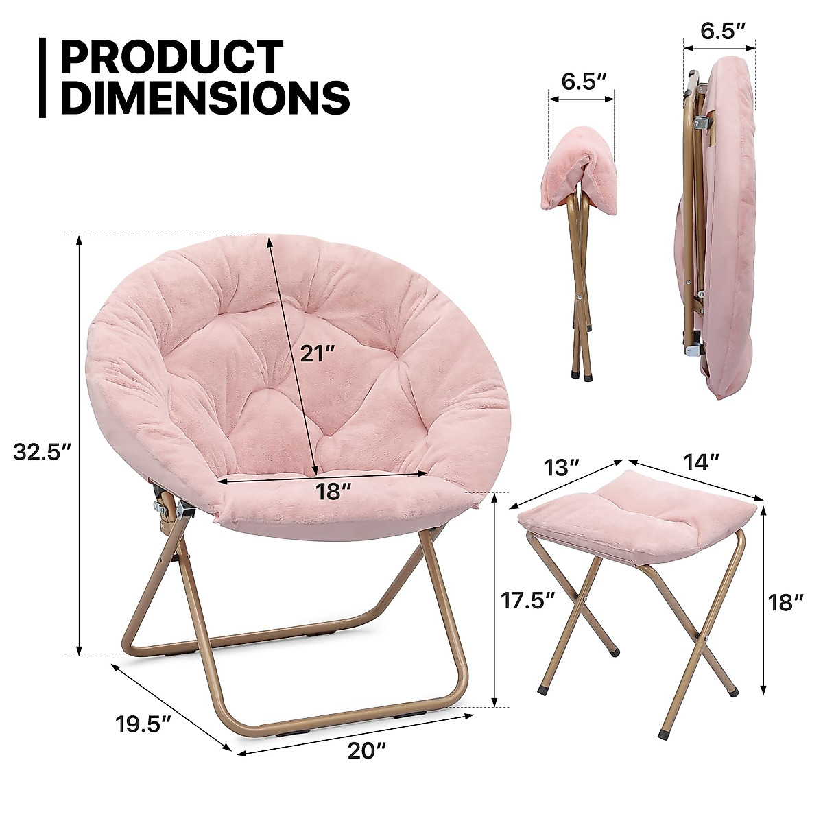 MoNiBloom Round Folding Faux Fur Saucer Chair for Bedroom Living Room Dorm Foldable Metal Frame Oversized Large Comfy Furry Padded Soft Cozy Moon Chair with Footrest Ottoman for Adults (Pink)