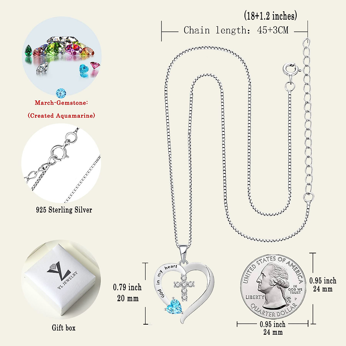 YL Women's Heart Cross Necklace 925 Sterling Silver Created Aquamarine God in my heart'' Pendant Crucifix Jewelry