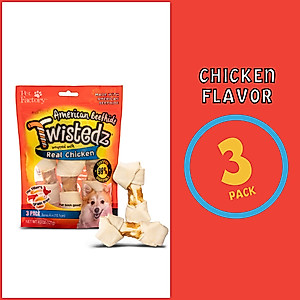 Pet Factory Twistedz American Beefhide 4-5" Knotted Bones Dog Chew Treats w/ Real Chicken Meat Wrap - 3 Count/1 Pack