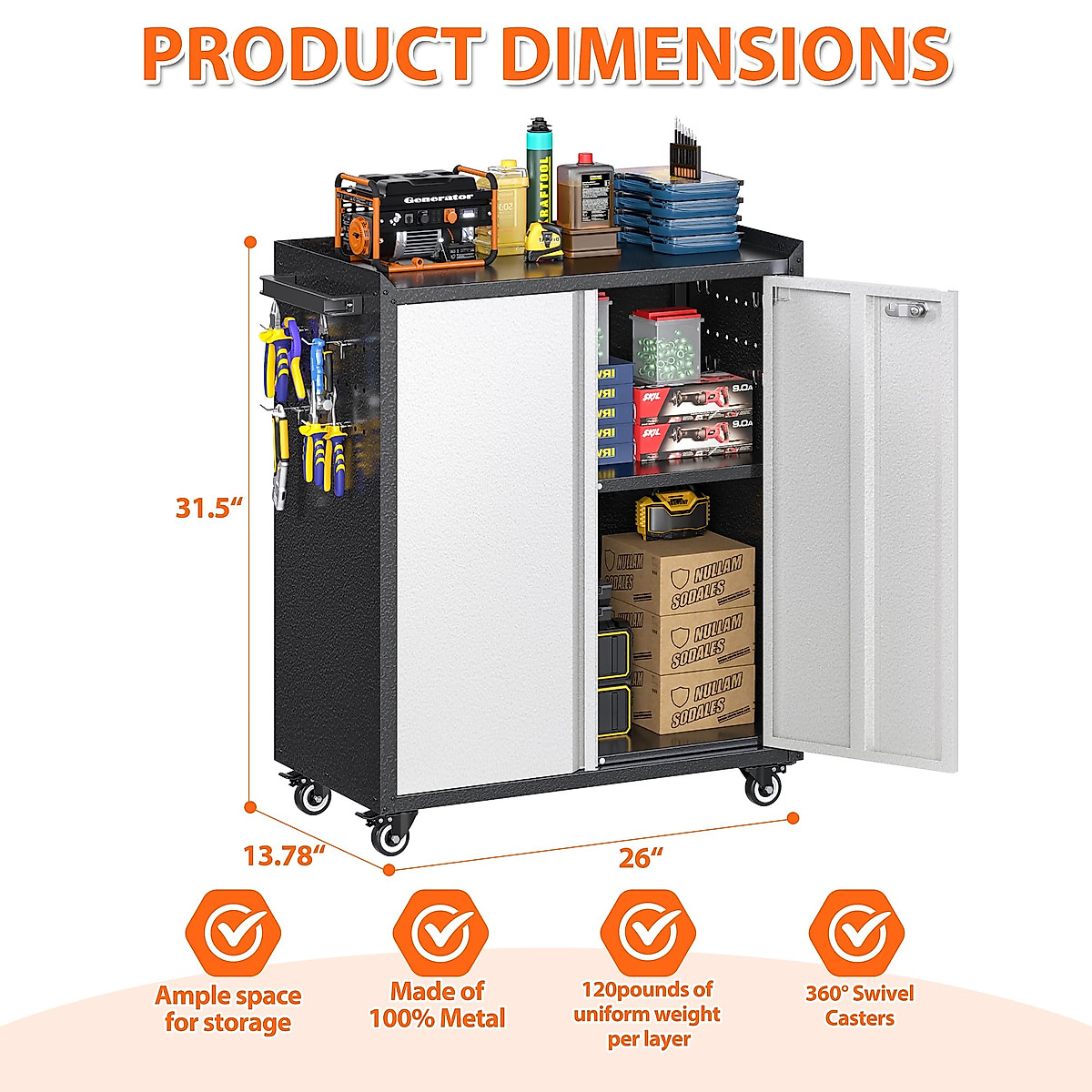 Aobabo 31.5" H Metal Storage Cabinet with Wheels, Locking Steel Rolling Tools Chest with Handle, Garage Tool Storage Cabinet with 1 Shelves 2 Side Pegboards and 4 Hooks,Assembly Required, Black Grey