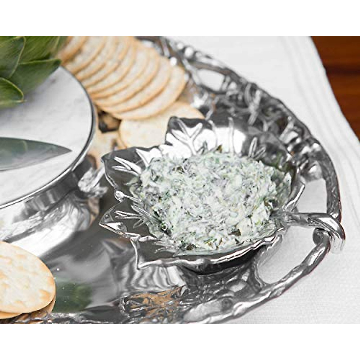 Arthur Court Designs Aluminum Grape 5-Piece Entertainment Cheese Chip and Dip Tray - Two Bowls, Spreader, Marble, Tray 20 inch x 13 inch