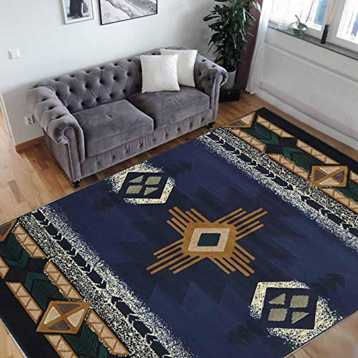 Handcraft Rugs - Navy Blue, Brown and Green, Modern Contemporary Southwestern, Native American Style Area Rug (Approximately 8 by 10)