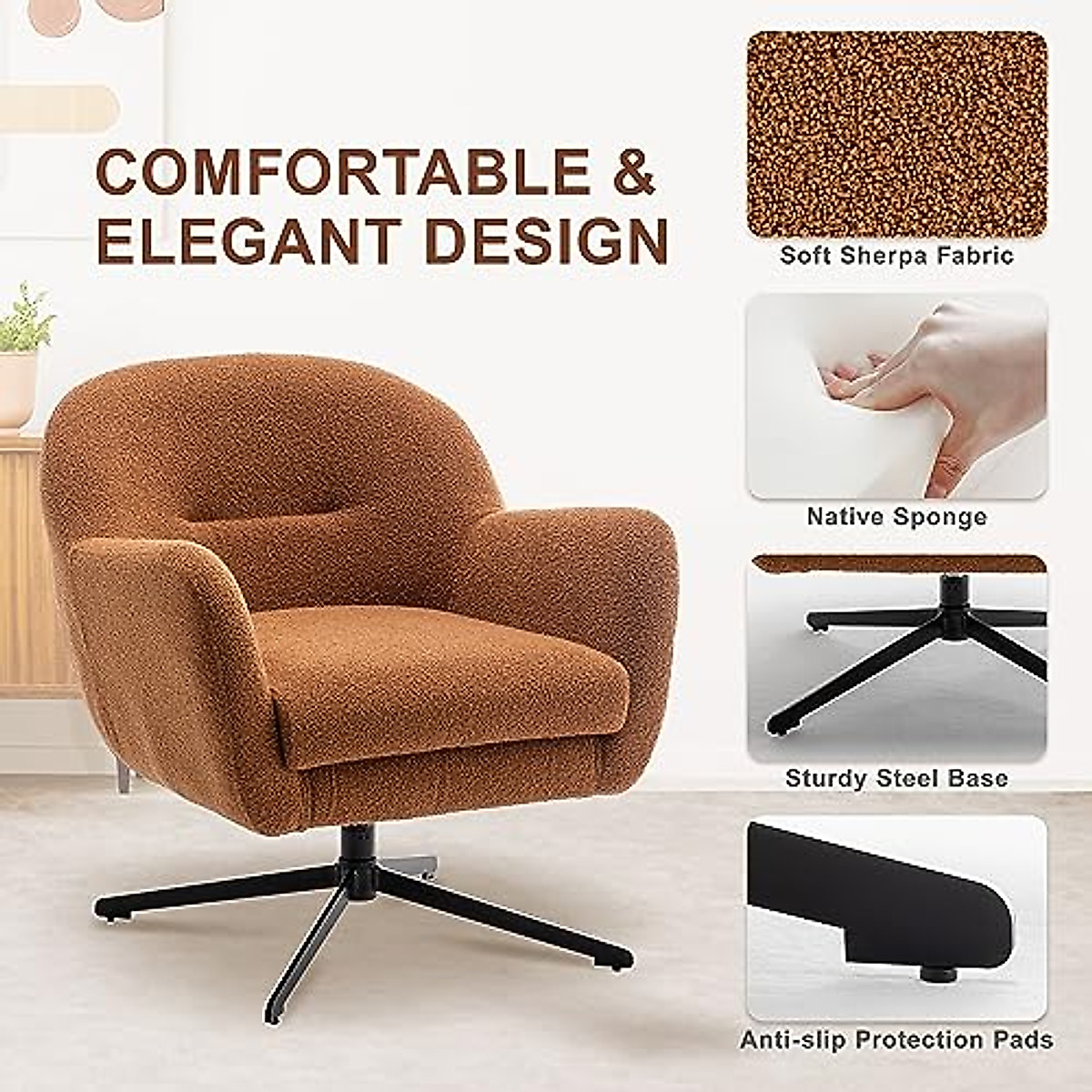 Art Leon Swivel Accent Chair, Modern Sherpa Fabric Upholstered Arm Chair, Single Sofa Chair with Metal Legs for Living Room Bedroom, Brown
