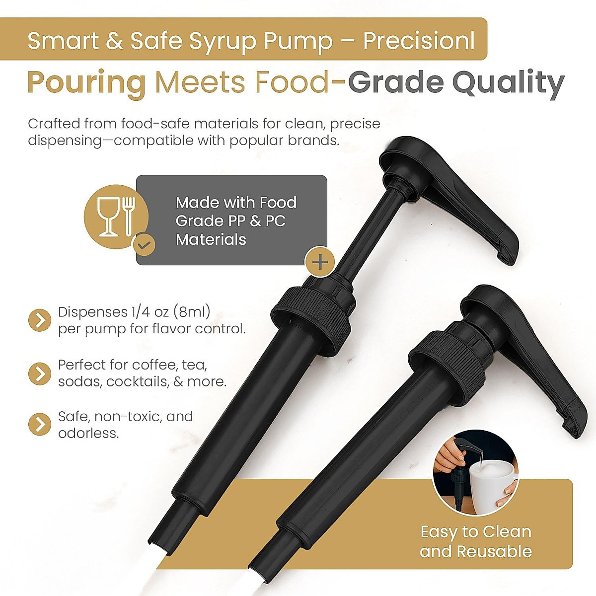 Black Coffee Syrup Pump (Fits Torani, DaVinci, Starbucks, Top Creamery, Allegro Syrups) Great for adding syrup to Coffee,Tea, Soda, and cocktails, - Fits 25.4 oz/750ml bottles - Pack of 4