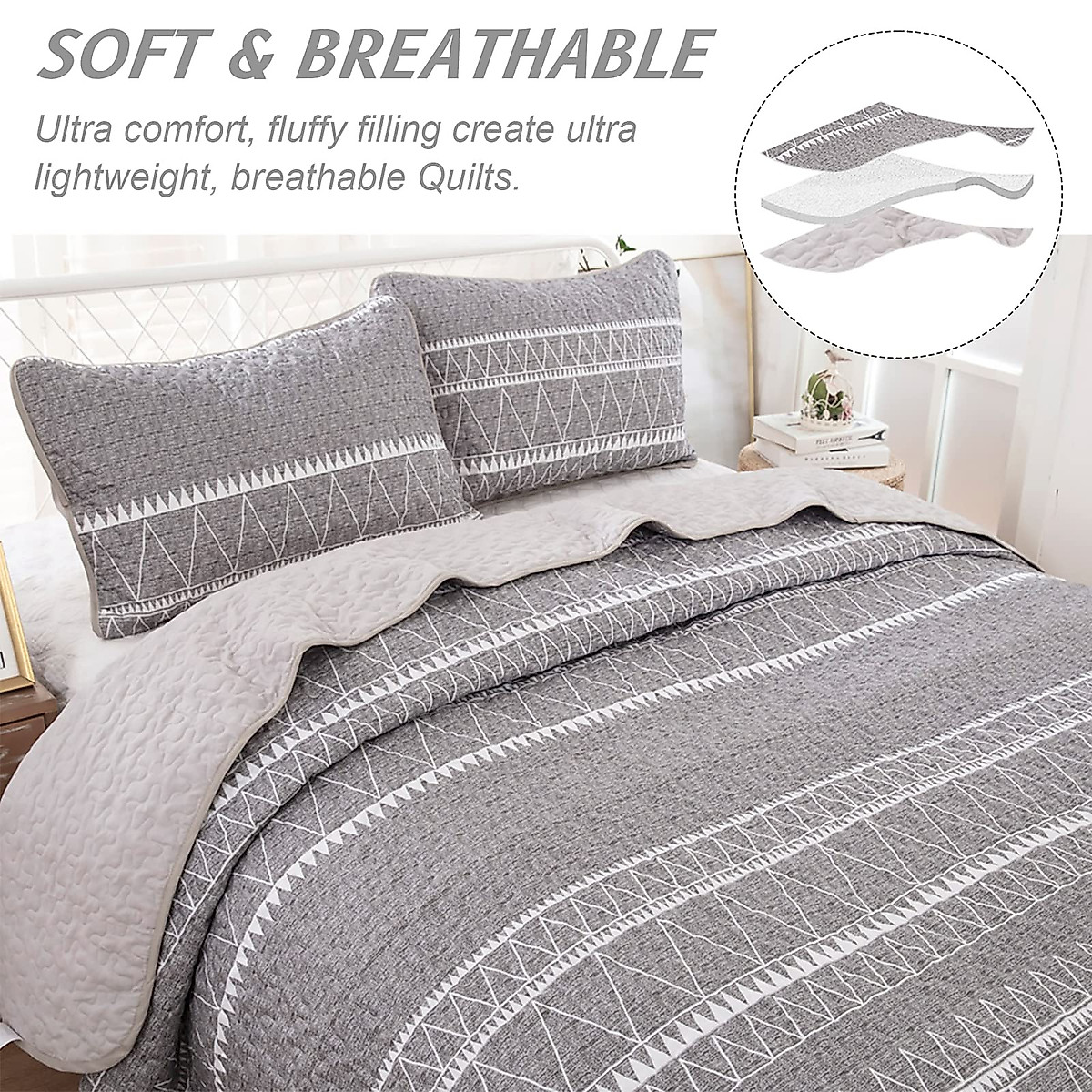 WONGS BEDDING Grey Quilt Set Queen, Boho Striped Triangle Printed Bedspread Coverlet Set, 3 Pieces (1 Quilt + 2 Pillowcases), Soft Microfiber Lightweight Bohemian Bedding Quilt for Summer 90"x96"