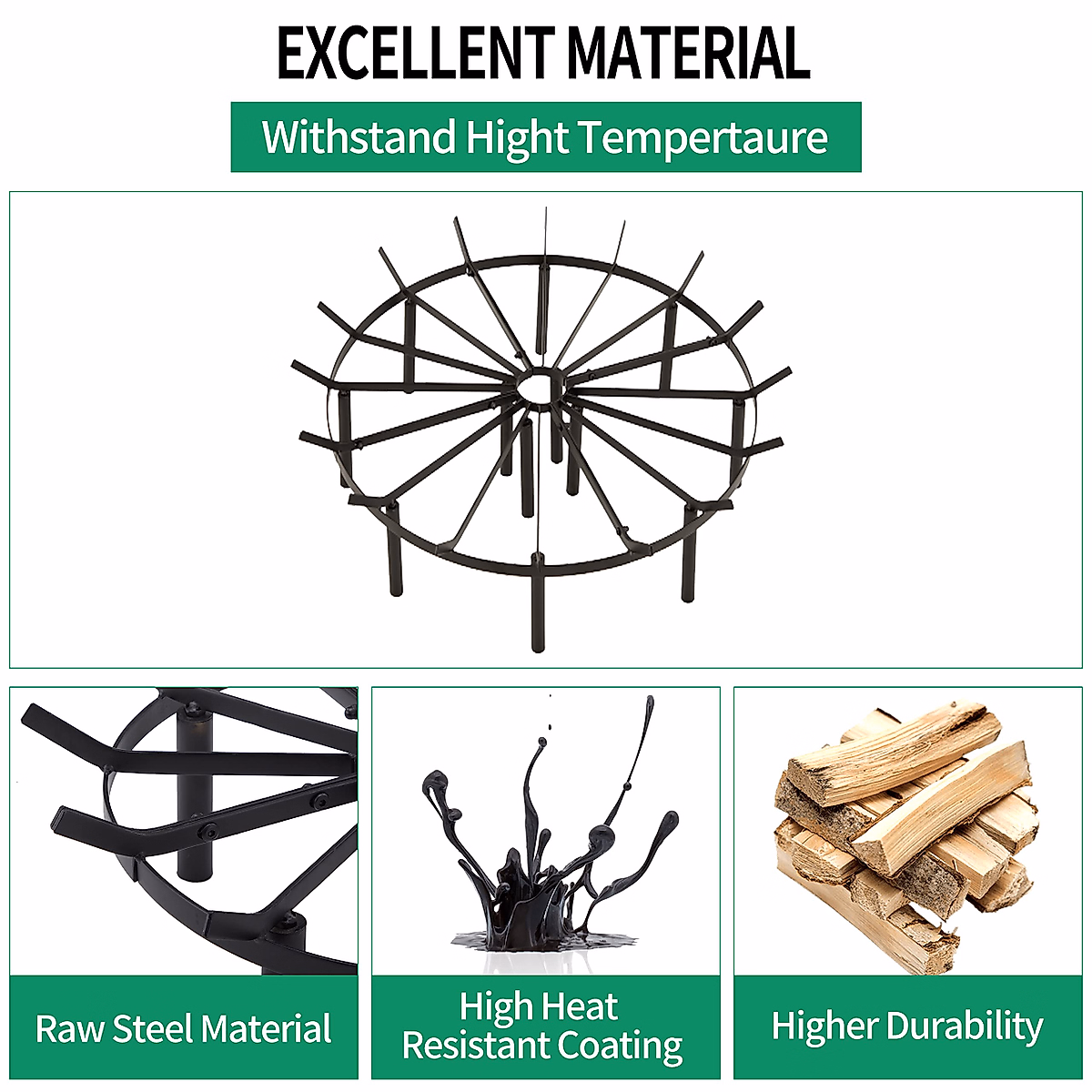 32in Fire Grate Log Grate, Round Spider Wagon Wheel Firewood Grates, Heavy Duty Fire Pit Grate for Outdoor Campfire, Hearth Wood Stove and Outdoor Camping Fire Pit Black