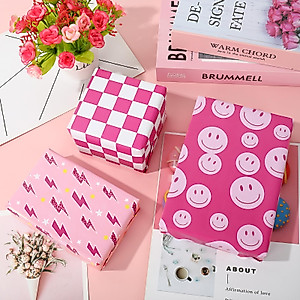 AnyDesign 12 Sheet Pink Preppy Wrapping Paper Smile Face Star Gift Wrap Paper Bulk Decorative Art Paper for Birthday Wedding Baby Shower DIY Crafts, 19.7 x 27.6 Inch, Folded Flat