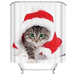 Moptrek ristmas cat Print Bathroom Shower Curtain Set Waterproof Christmas Decorations Shower Curtain Polyester Fabric Bathroom Shower Curtain Set with Hooks (72''Wx72''H)