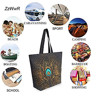 ZzWwR Beautiful Gold Sparkling Peacock Feather Extra Large Canvas Shoulder Tote Top Handle Bag for Gym Beach Travel Shopping