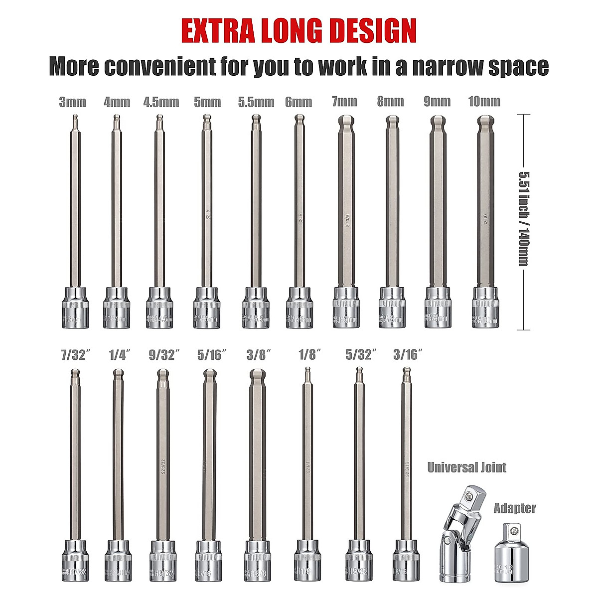 RIMKOLO 3/8 Inch Drive Long Ball End Hex Bit Socket Set,20-Piece SAE & Metric Allen Socket Set 3mm to 10mm & 1/8-3/8 Inch S2 Steel Bits