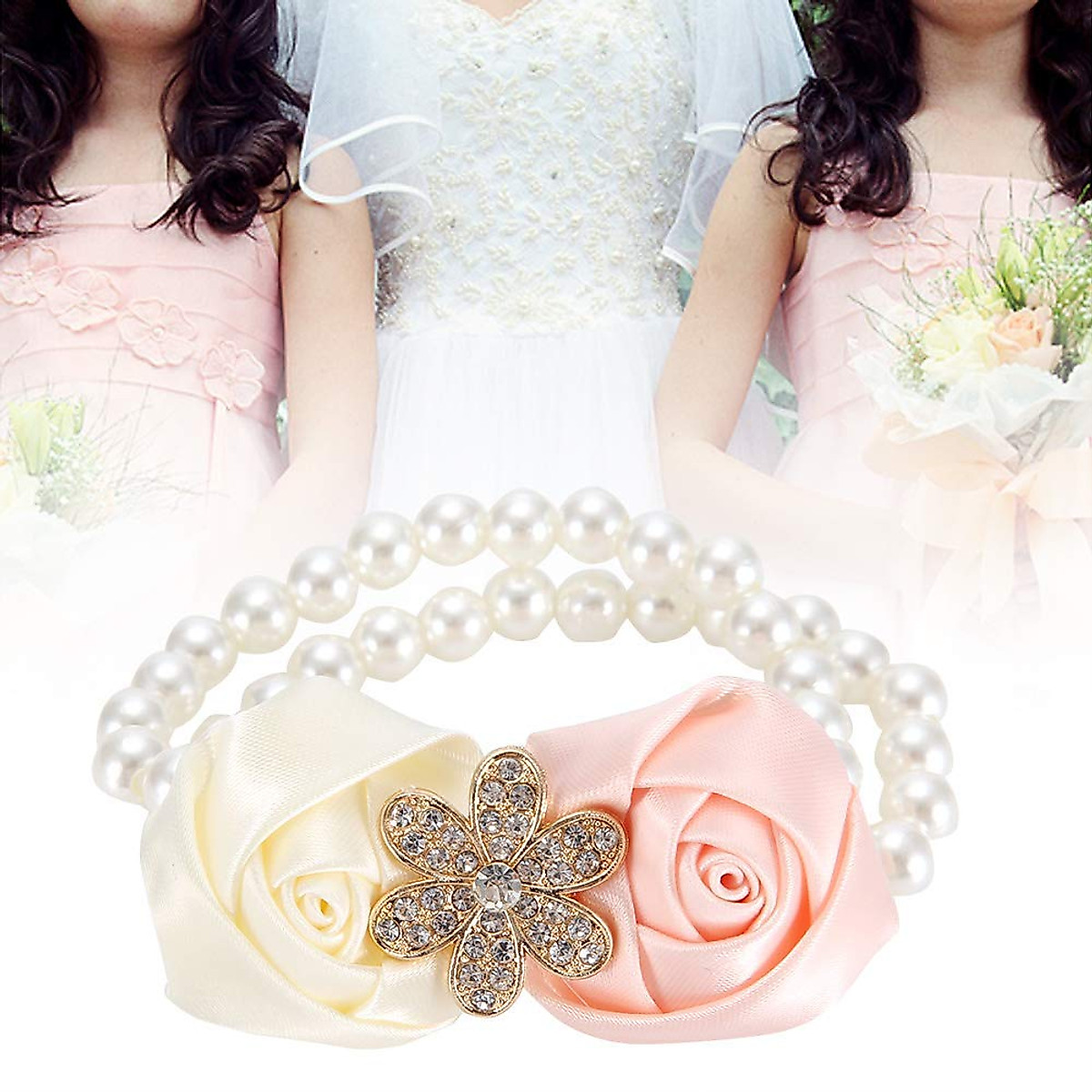 AUNMAS 2pcs Wedding Wrist Corsage, Girl Bridesmaid Groomsmen Hand Flower Faux Pearl Bead Corsage, Flower Bracelet Wedding Prom Party Decorations (White+)