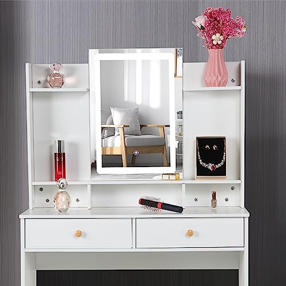 Modern Vanity Table with LED Lighted Mirror, Makeup Vanity Desk with 2 Drawers,Vanity Table Mirror with 3 Color Modes,Multiple Shelves & Cushioned Stool,Dressing Table for Bedroom