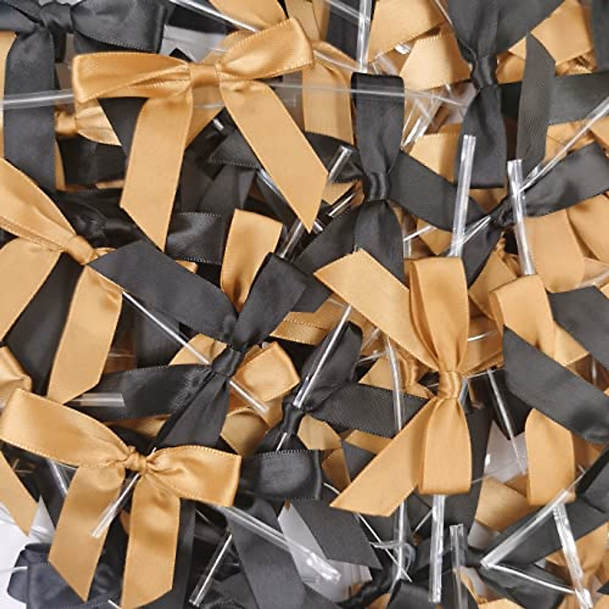 100 Pack Twist Tie Bow, Pre-Tied Bows,Christmas Satin Twist Tie Bows for Treat Bags,Packaging Bows for Candies and Apples, Pretied Ribbon Bows for DIY Decorations,Treat Bows (Black&Gold)