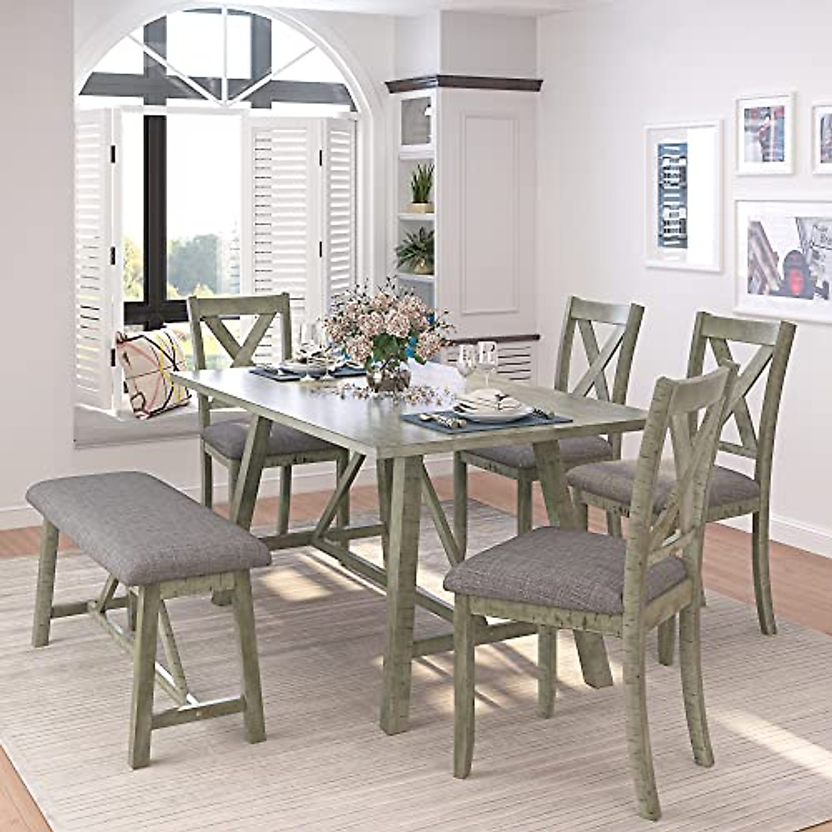 6 Piece Dining Table Set, Wooden Rectangular Kitchen Table and 4 Dining Chairs with Cushions and 1 Bench with Cushion, Wooden Kitchen Dining Room Table Set for 6, Rustic Gray