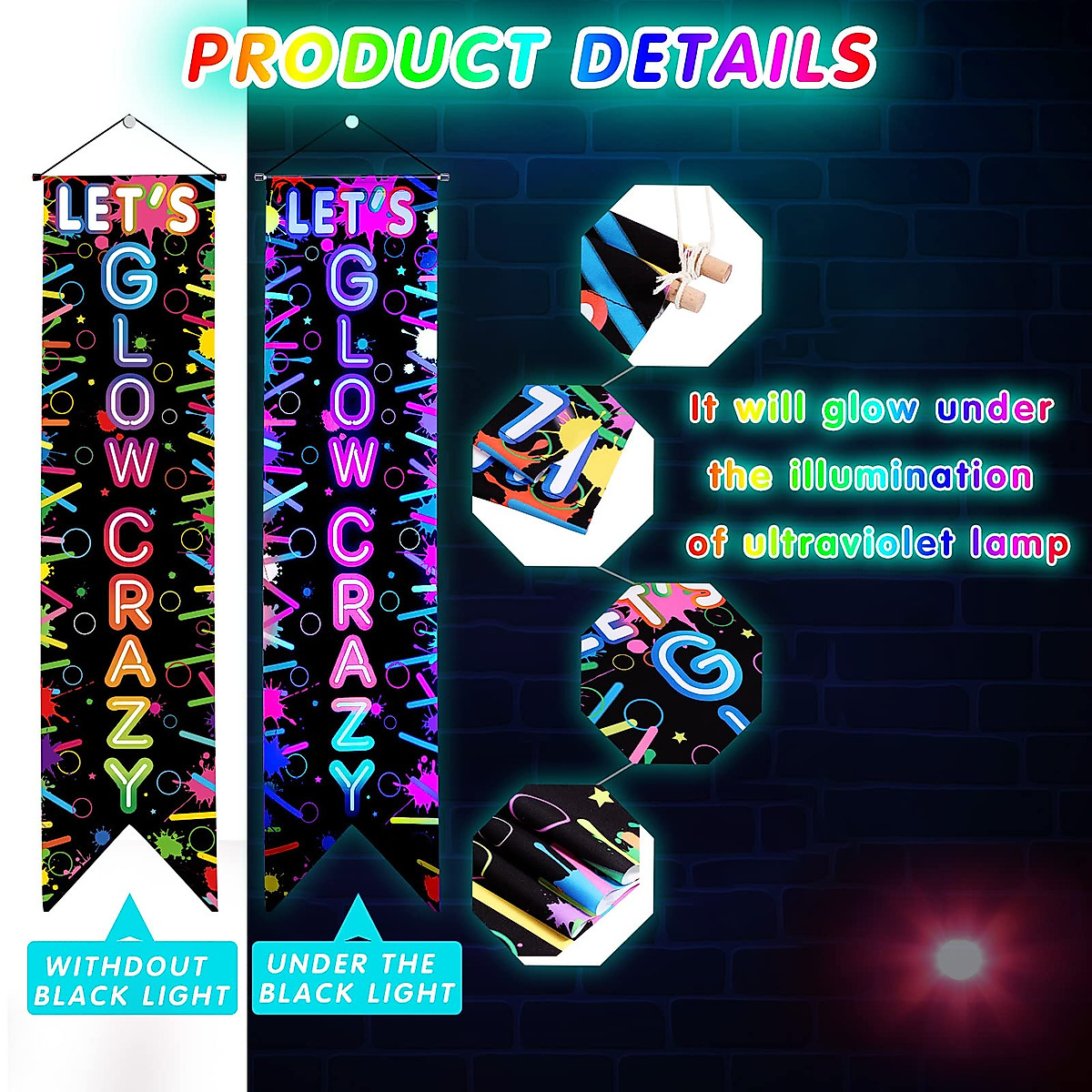 Tegeme Glow in the Dark Party Supplies Neon Happy Birthday Banner Crazy Porch Sign Glow Party Backdrop for Black Light Neon Themed Birthday Party Decorations