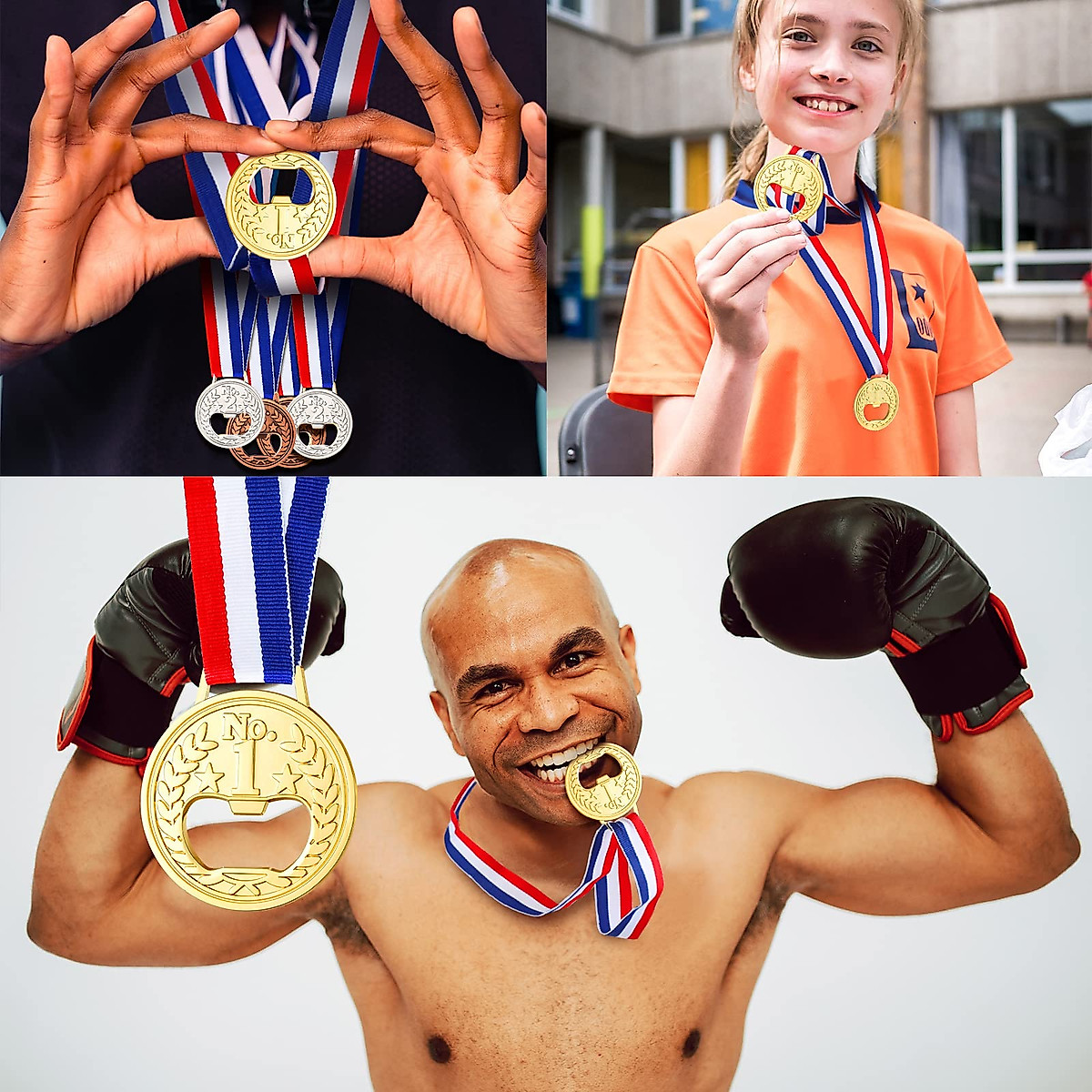 Medal Shaped Flat Bottle Opener Winner Award Metal Wine Beer Opener Gold Silver Copper Medal Olympic Trophy Opener with Neck Ribbon for Bar Bartender Men Kitchen Restaurant Party (9 Pieces)