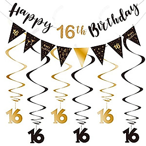16th Birthday Decoration Kit, Happy 16th Birthday Banner Bunting Swirls Streamers, Triangle Flag Banner for Birthday Party Decorations Supplies Black and Gold 16th