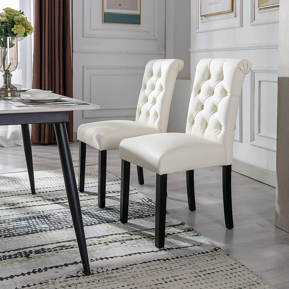 LZAREAL Tufted Parsons Dining Chair Set of 4 Leather Living Room Armless Side Chair, Upholstered Kitchen Chair with Solid Wood Legs for Home Kitchen & Restaurant, PU Cream