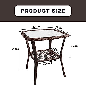 DIMAR GARDEN Outdoor Side Table Wicker Patio Coffee Table with Glass Top and Storage Shelf,Mixed Brown