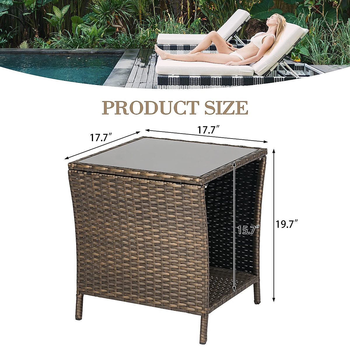 Kinsunny Outdoor Bistro Table PE Wicker Rattan Side Table Square End Table with Glass Top for Backyard Lawn Balcony, Brown