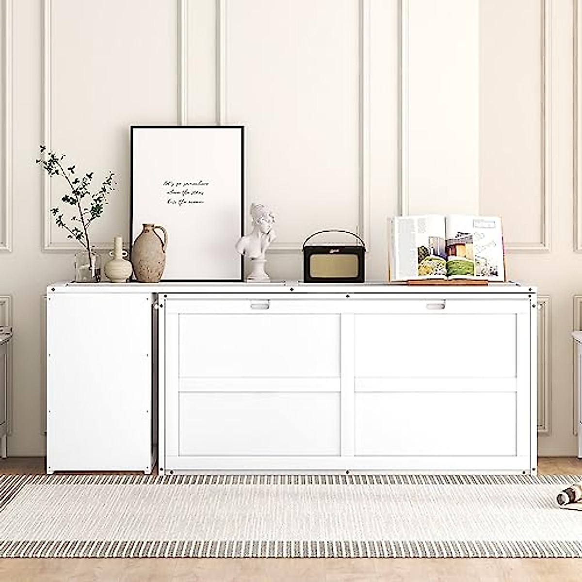 Murphy Cube Queen Cabinet Bed with Rotable Desk and Storage Shelves, Wood Foldable Floor Queen Size Bed Frame for Home Office Studio, White