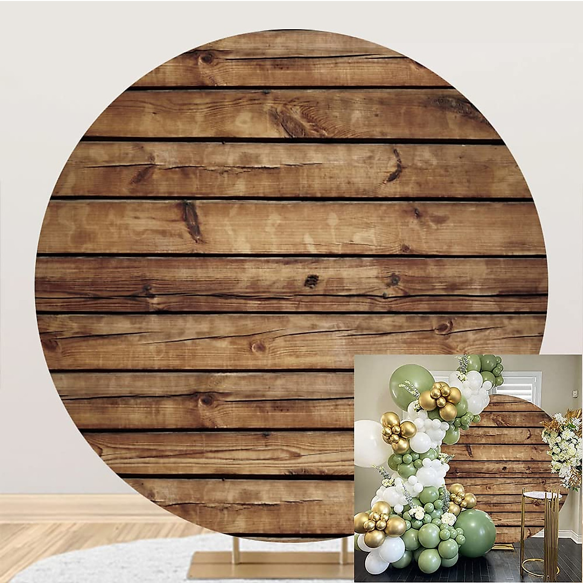 Leowefowa Polyester Rustic Wood Board Round Backdrop (Without Stand,not Real Wood) 6x6ft Wood Plank Background for Photo Girl Boy Birthday Baby Shower Gender Reveal Party Banner Grad Prom Photo Prop