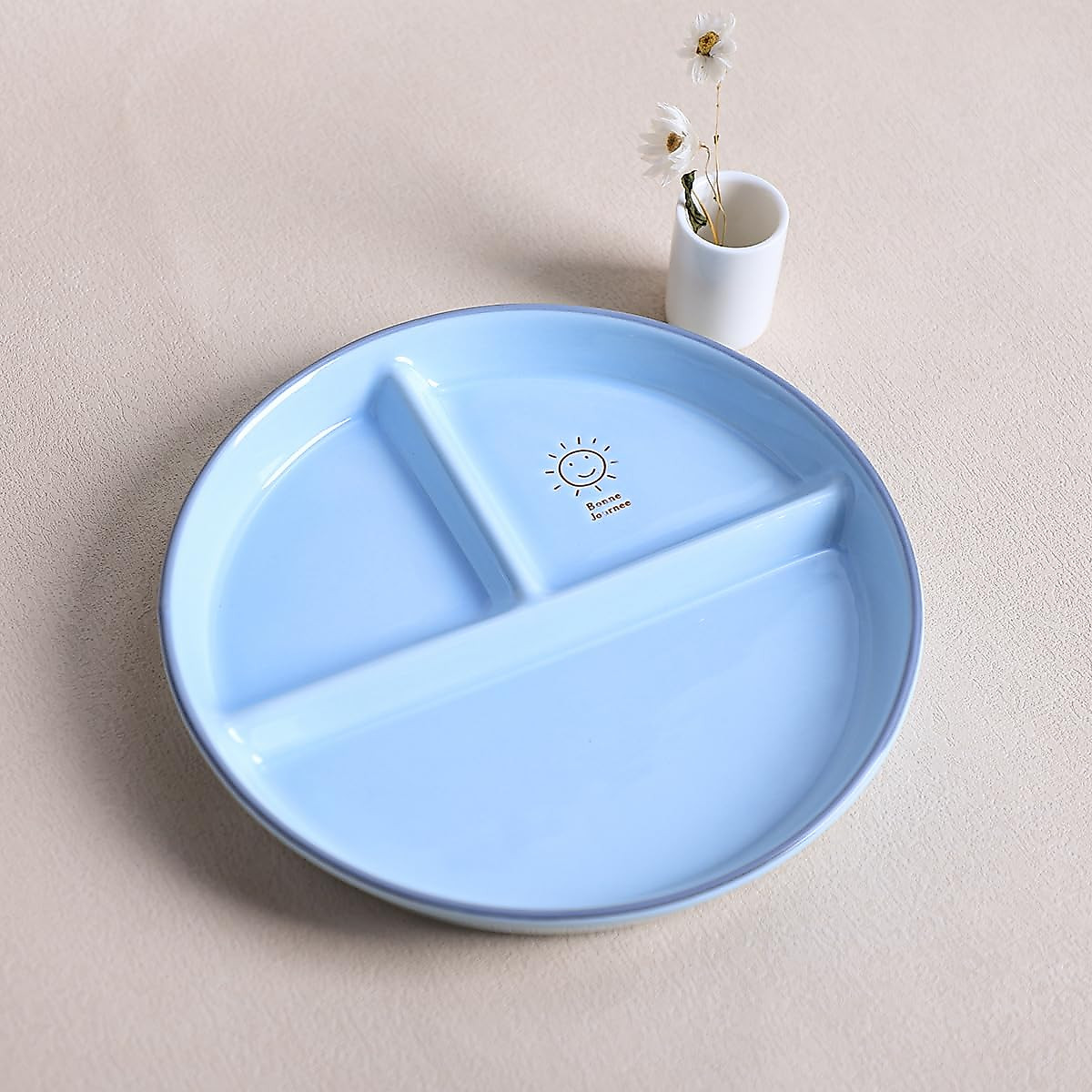 CoCoMe Round Smile Sun Ceramic Porcelain Divided Dessert Salad Plate Dinner Plate - 8 Inch (1, Blue)