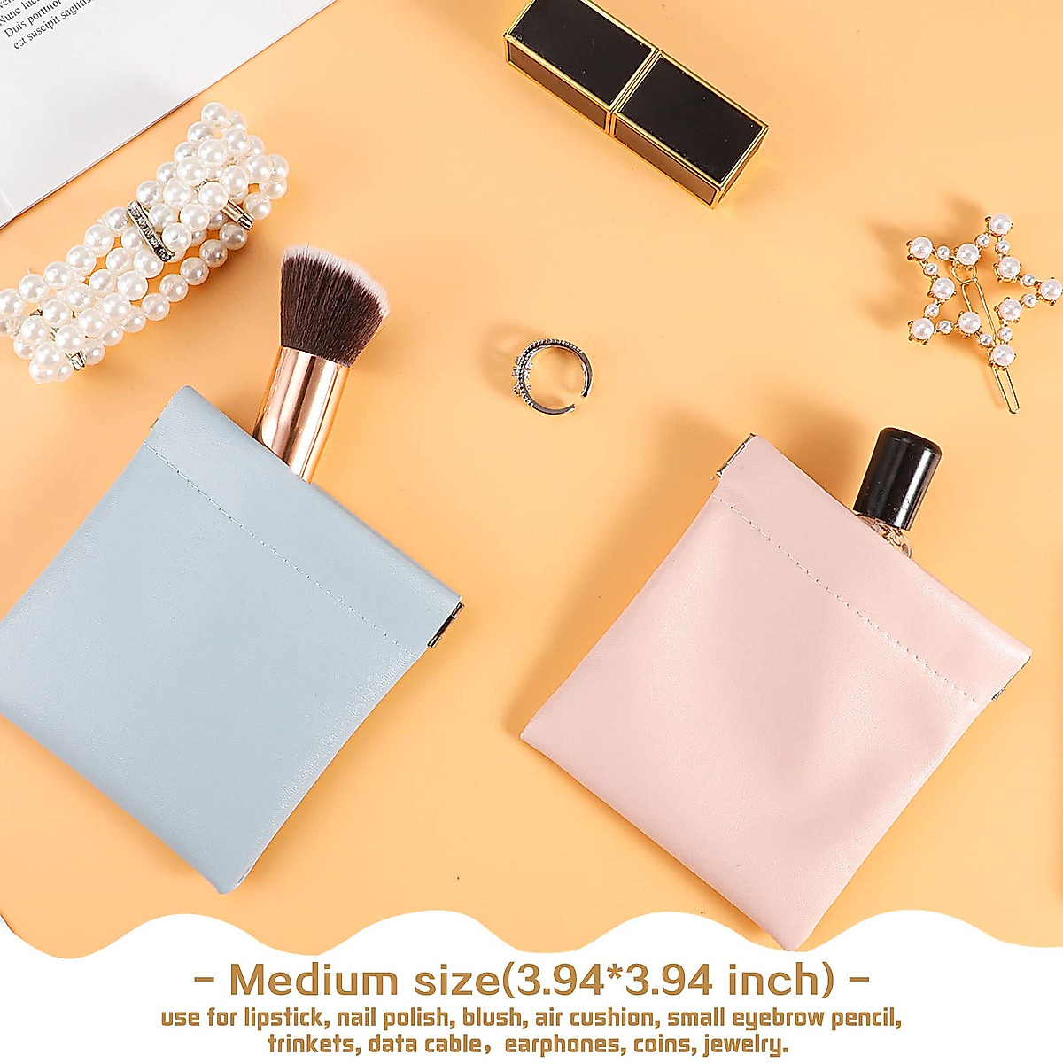WSICSE 6 Pcs Lambskin Pocket Cosmetic Bag Squeeze Top, 3 Size Portable No Zipper Self-Closing Pouches for Purse Mini Bag Purse Small Makeup Pouch for Purse Cosmetics Headphones Jewelry