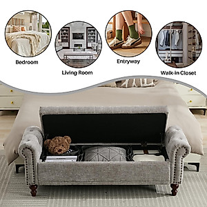 SOFTHION Storage Bench Upholstered Chenille End of Bedroom Bed Bench Ottoman with Tufted Cushioned Rolled Arm Large Storage Space for Reading Living Room Entryway, Light Grey