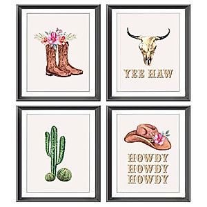Yee Haw Howdy Cowgirl Floral Boots Hat Bull Skull Cactus Preppy Poster Prints for Girls Room Dorm Decor,Watercolor Retro Preppy Decorations Prints Wall Art Unframed 4pcs 8x10inches, Cowgirl Gifts