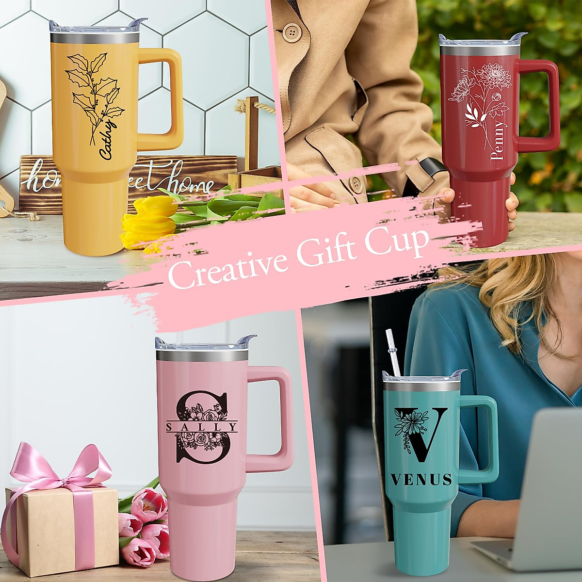 Personalized Gifts 40 Oz Tumbler with Handle and Straw Lid, with Names and Birth Flower Travel Coffee Mug, Custom Stainless Steel Double Walled Insulated Cup, Customized Gifts for Women Men Friend