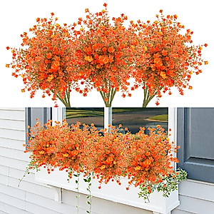 Uieke 6 Bundles Artificial Fall Flowers UV Resistant No Fade Faux Autumn Plants Fake Indoor Outdoor Greenery for Garden Wedding Party Home Sidewalk Trim Outside Hanging Planter Décor Autumn Orange
