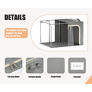3 Openings Clothes Storage Bins with Metal Frame, Foldable Storage Bin for Clothes, Clothing Storage Bins with Lid, Linen Storage Box With Clear Window＆ Zippers＆ Durable Handles.(3 Pcs,Light Grey,40L)