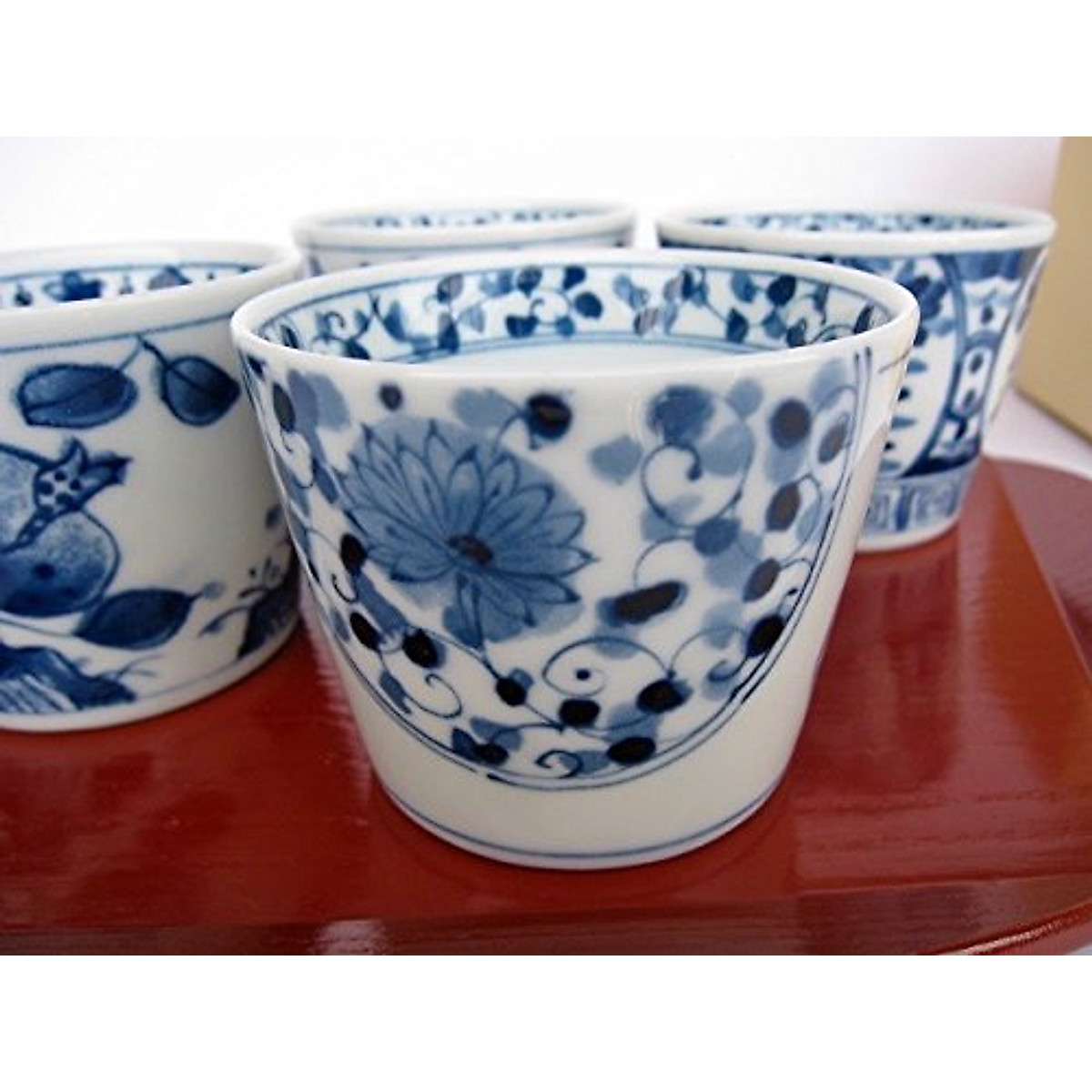 Mino Ware Japanese Soba Choko Cups Japanese Traditional Flowers and Pomegranate Pattern Set of 4